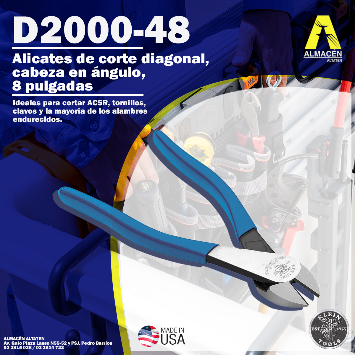 Alicates de corte diagonal, cabeza en ángulo, 8 pulgadas D2000-48 ...