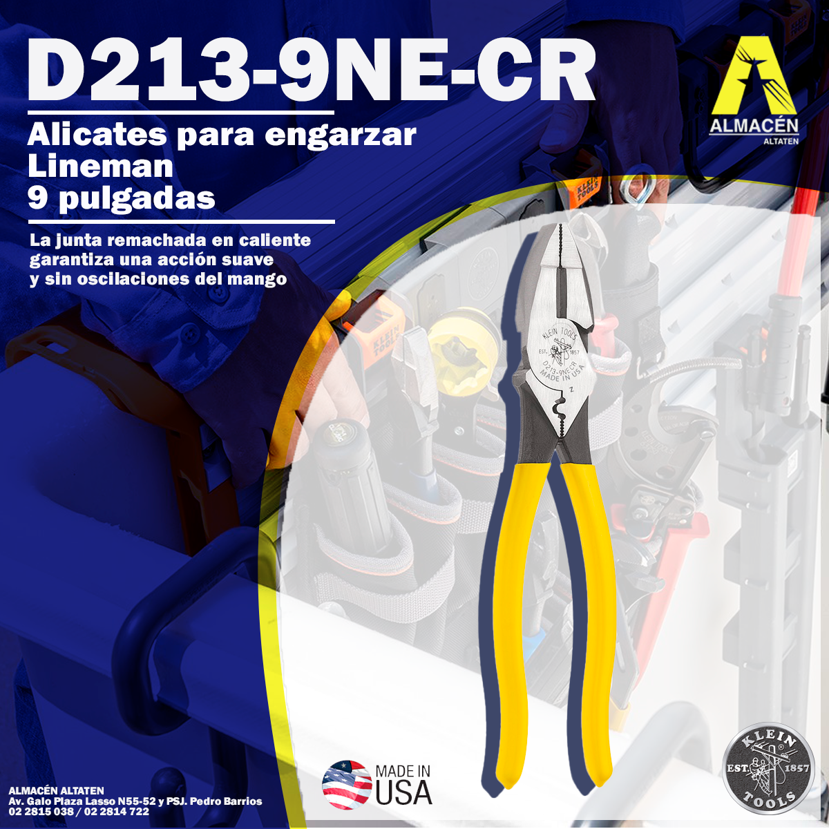 Alicates para engarzar Lineman, 9 pulgadas D213-9NECR - ALMACÉN ALTATEN