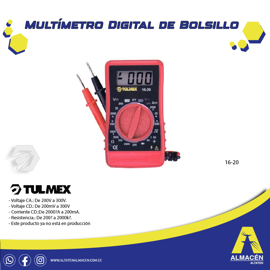 MULTIMETRO 16-20 DIGITAL D/BOLSILLO 300V CA TULMEX - ALMACÉN ALTATEN