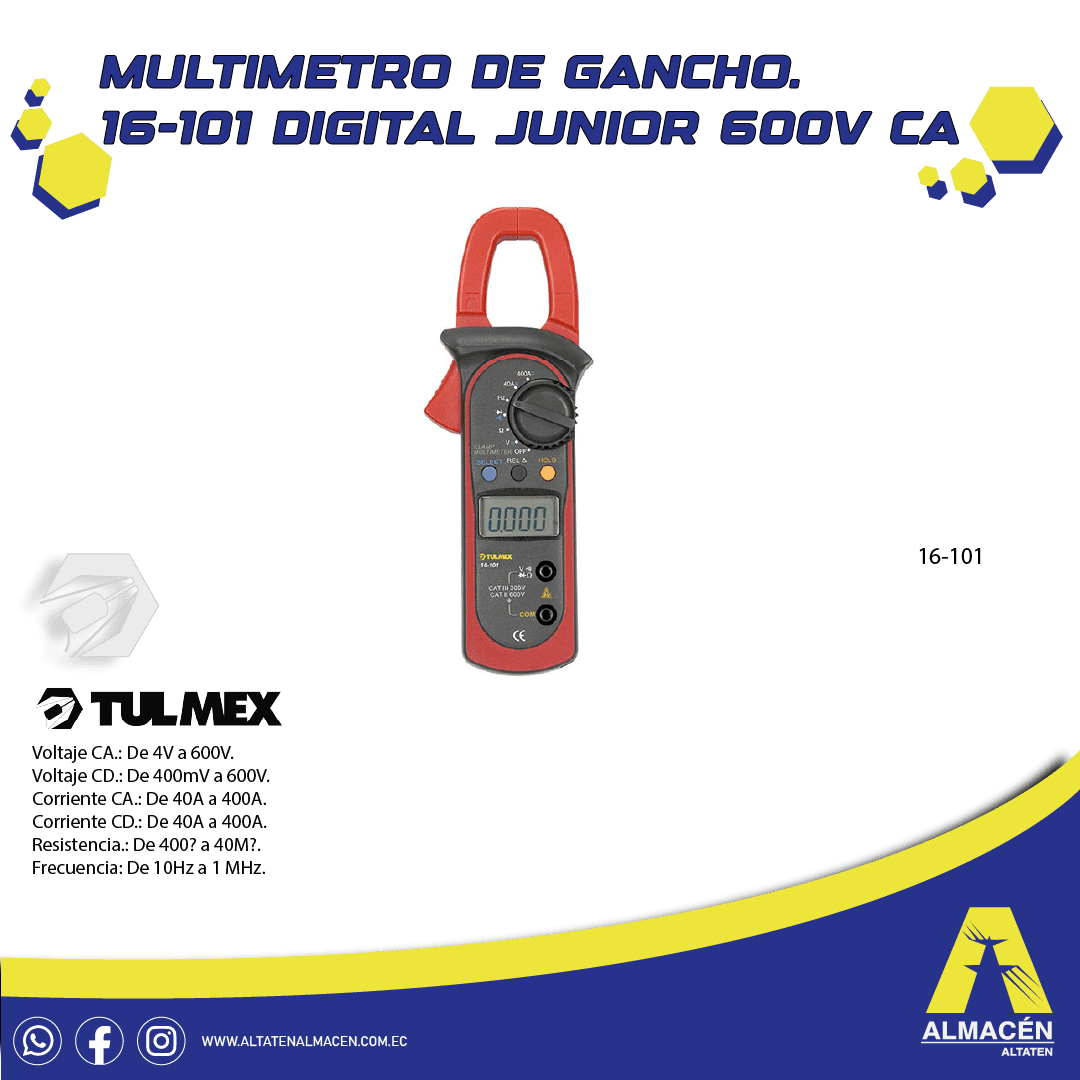 MULTIMETRO DE GANCHO. 16-101 DIGITAL JUNIOR 600V CA TULMEX - ALMACÉN ...